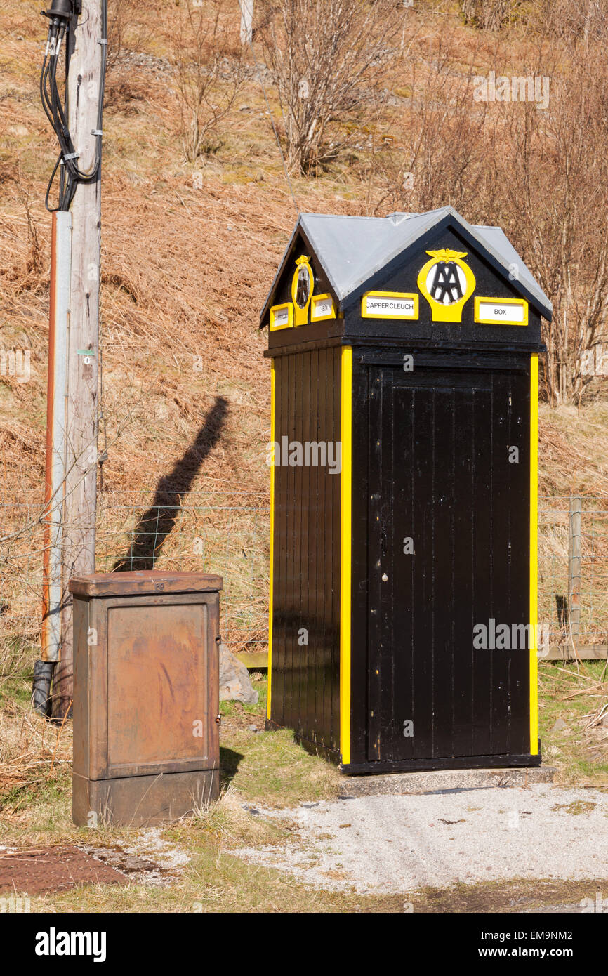 Old fashioned AA box in yellow and black livery, on the A708 next to ...