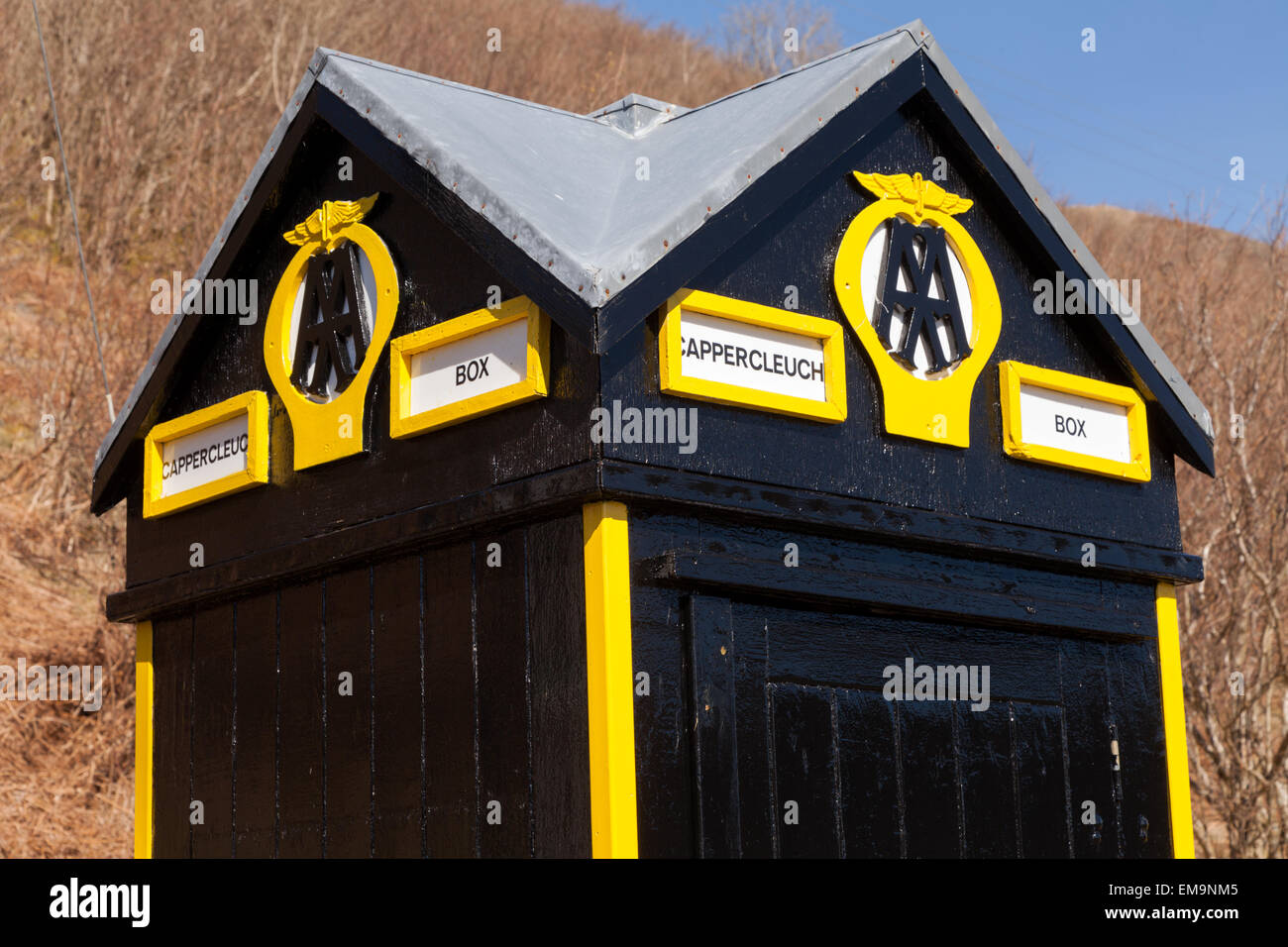 Old fashioned AA box in yellow and black livery, on the A708 next to ...