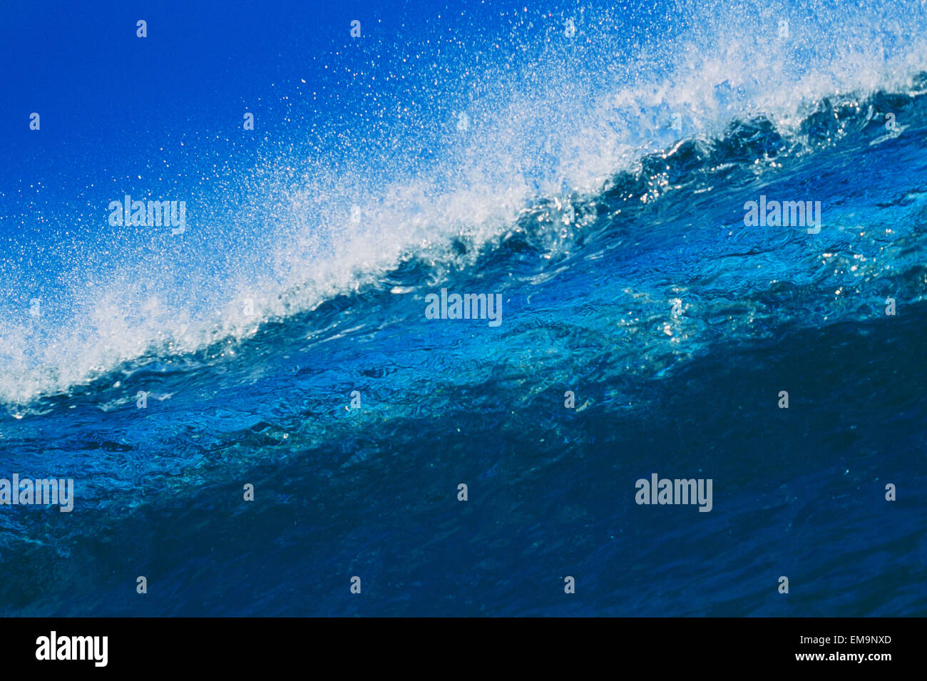 Hawaii, Bright Blue Wave At It's Peak With White Wash, Blue Sky Stock ...