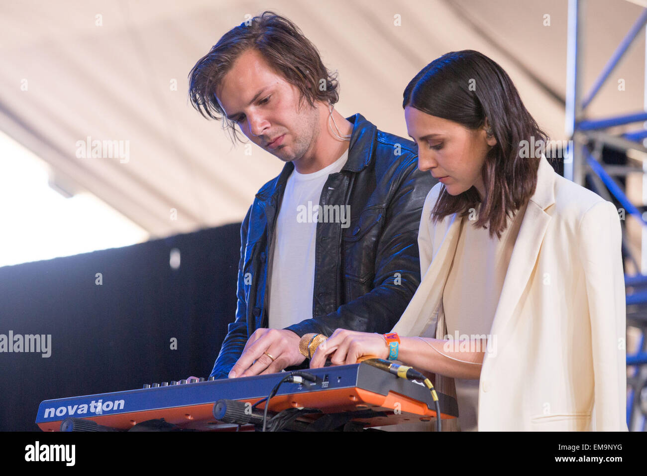 Indio, California, USA. 17th Apr, 2015. Musicians BEN GEBERT and NINI FABI of Haerts perform ...