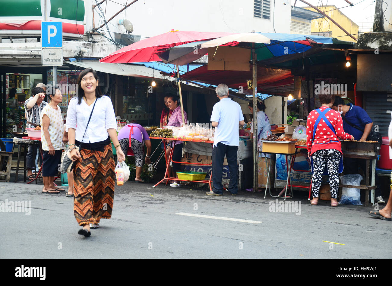 Thai People shopping food in morning at Bangyai small market on April ...