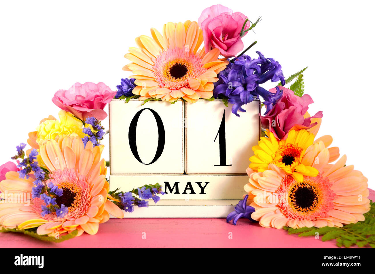 Happy May Day vintage wood calendar decorated with Spring flowers on ...