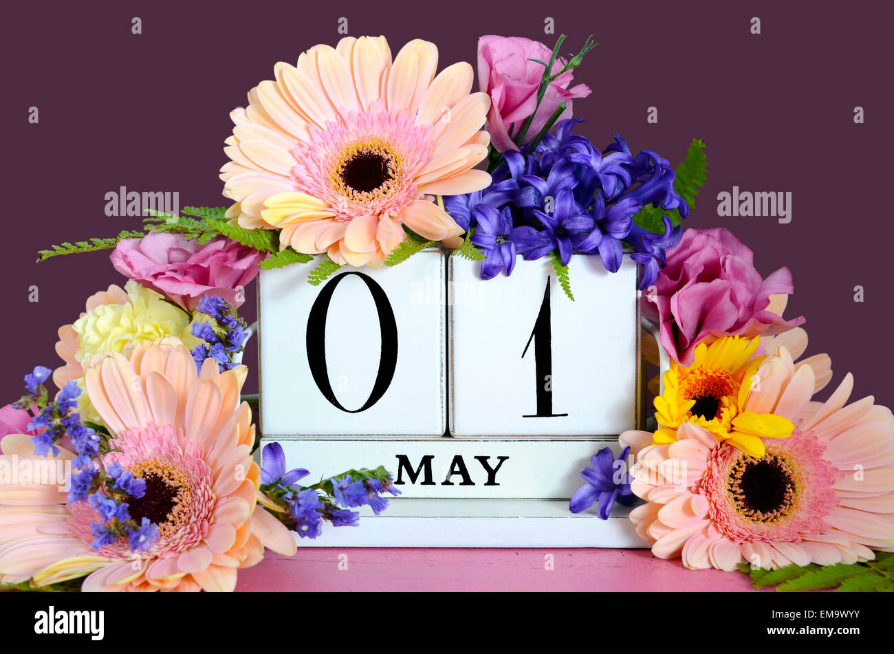 Happy May Day vintage wood calendar decorated with Spring flowers on ...