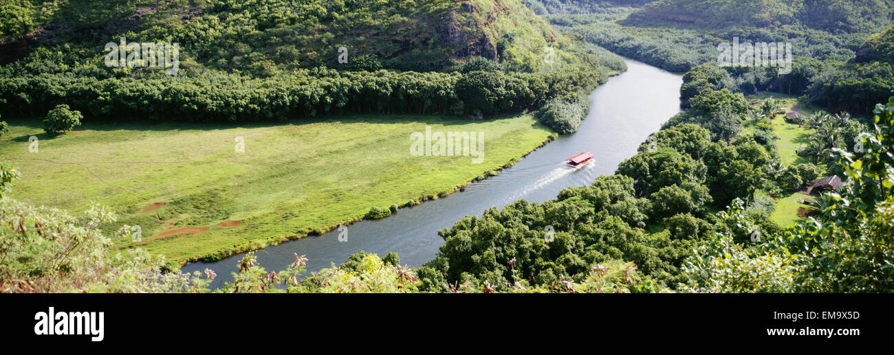 Hawaii, Kauai, Aerial View Of Wailua River With Tour Boat, Greenery ...