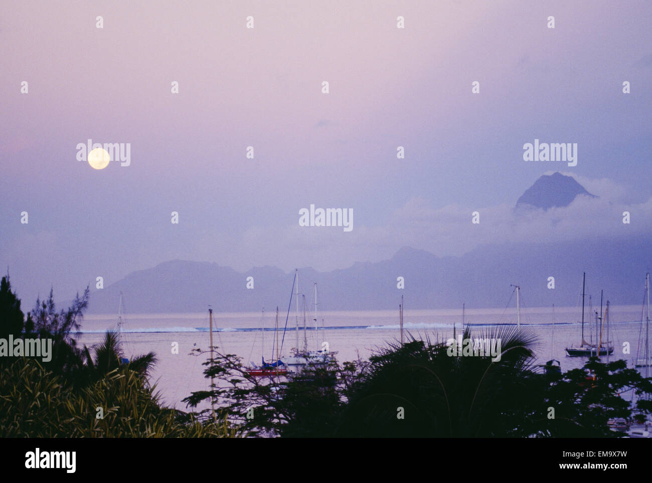 French Polynesia, Tahiti, Full Moon Over Moorea From Maeva Beach Stock ...