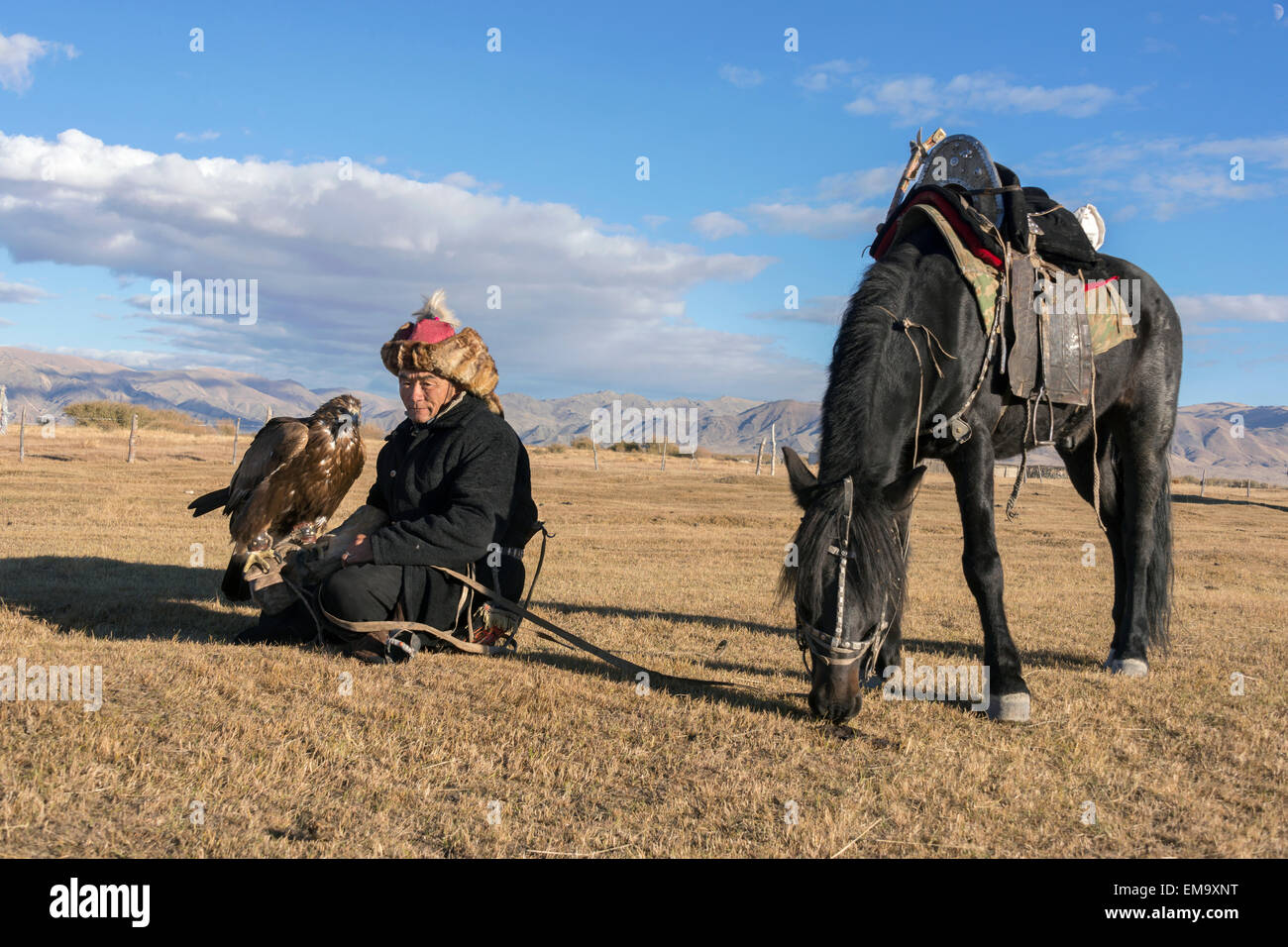 Eagle trainer resting his golden eagle and his horse, near Olgii ...