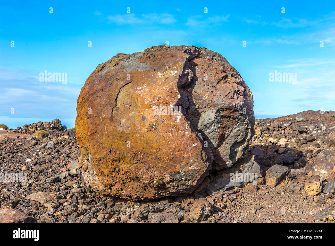 Volcano ground details on Lanzarote island under blue sky Stock Photo ...