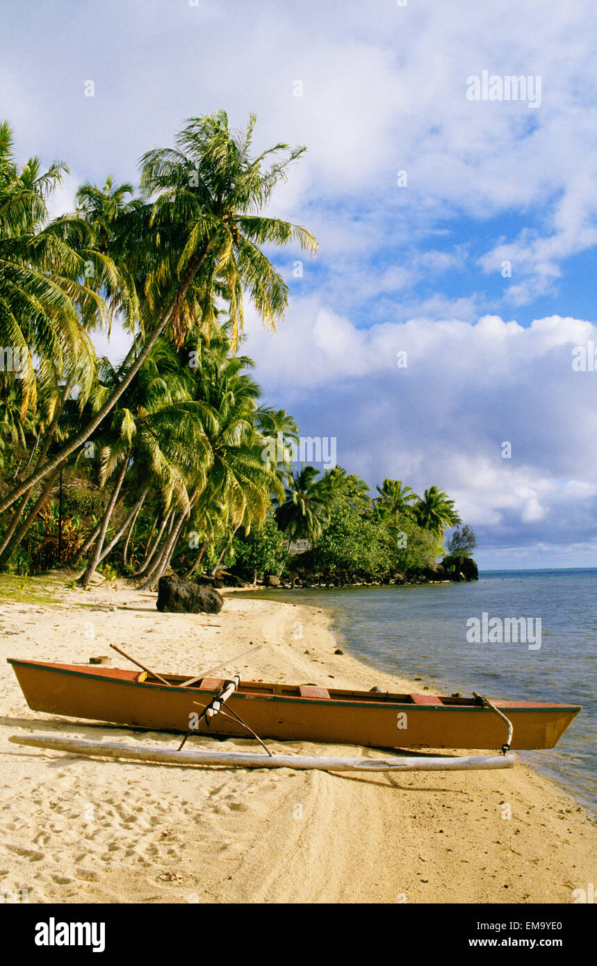 French Polynesia, Tahiti, White Sand Beach With Palm Trees And Canoe ...