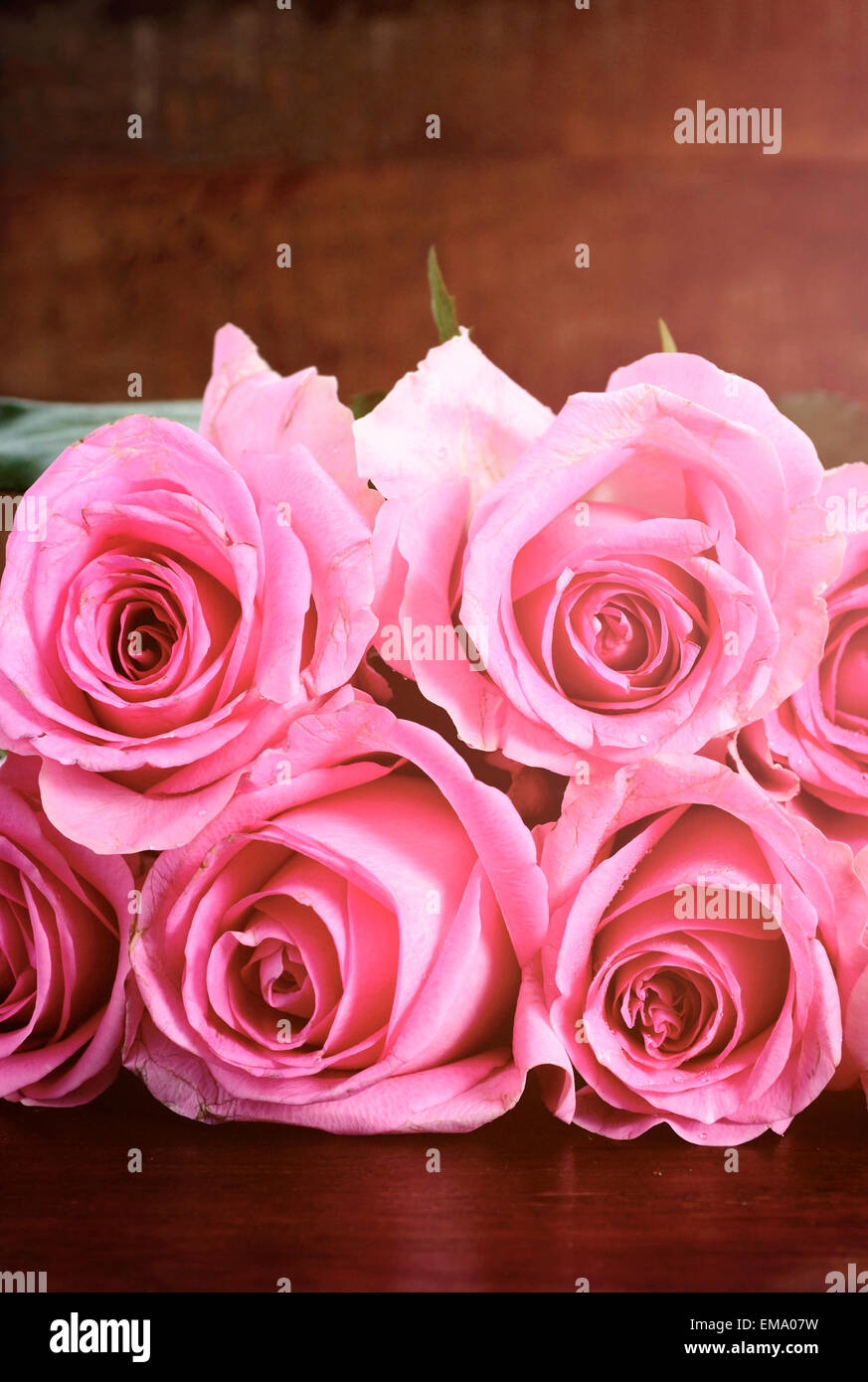 Pink roses on rustic dark wood table, closeup, with applied vintage ...