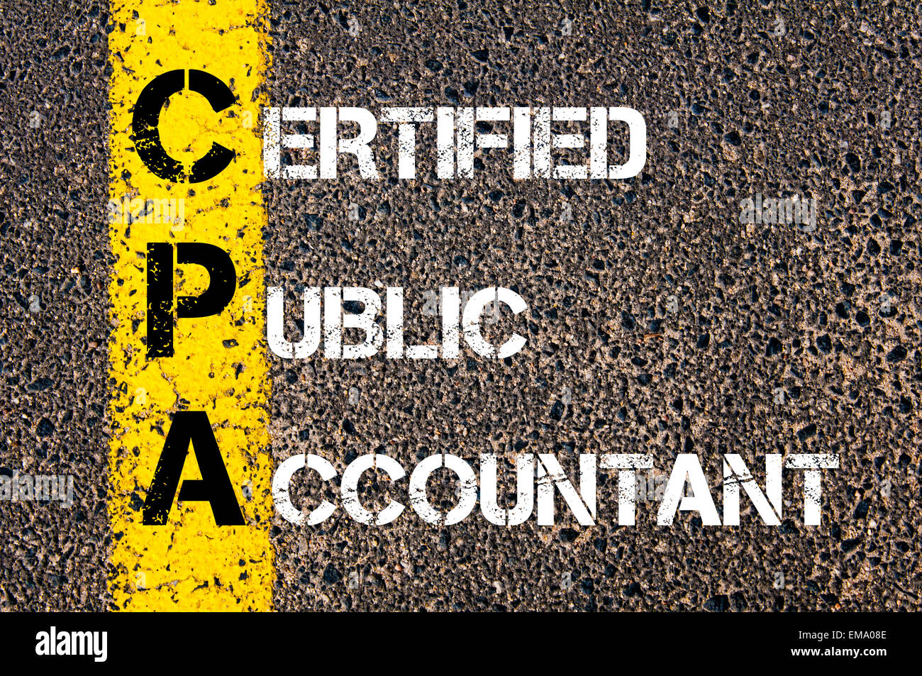 Business Acronym CPA – Certified Public Accountant Yellow paint line on the road against asphalt ...