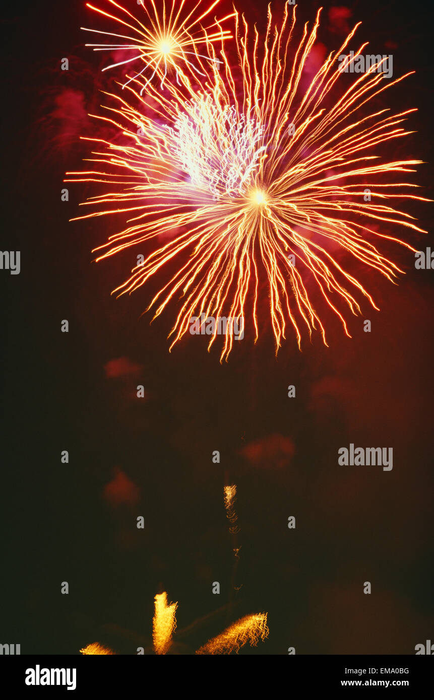 Closeup Of Fireworks Exploding In The Night Sky Stock Photo - Alamy