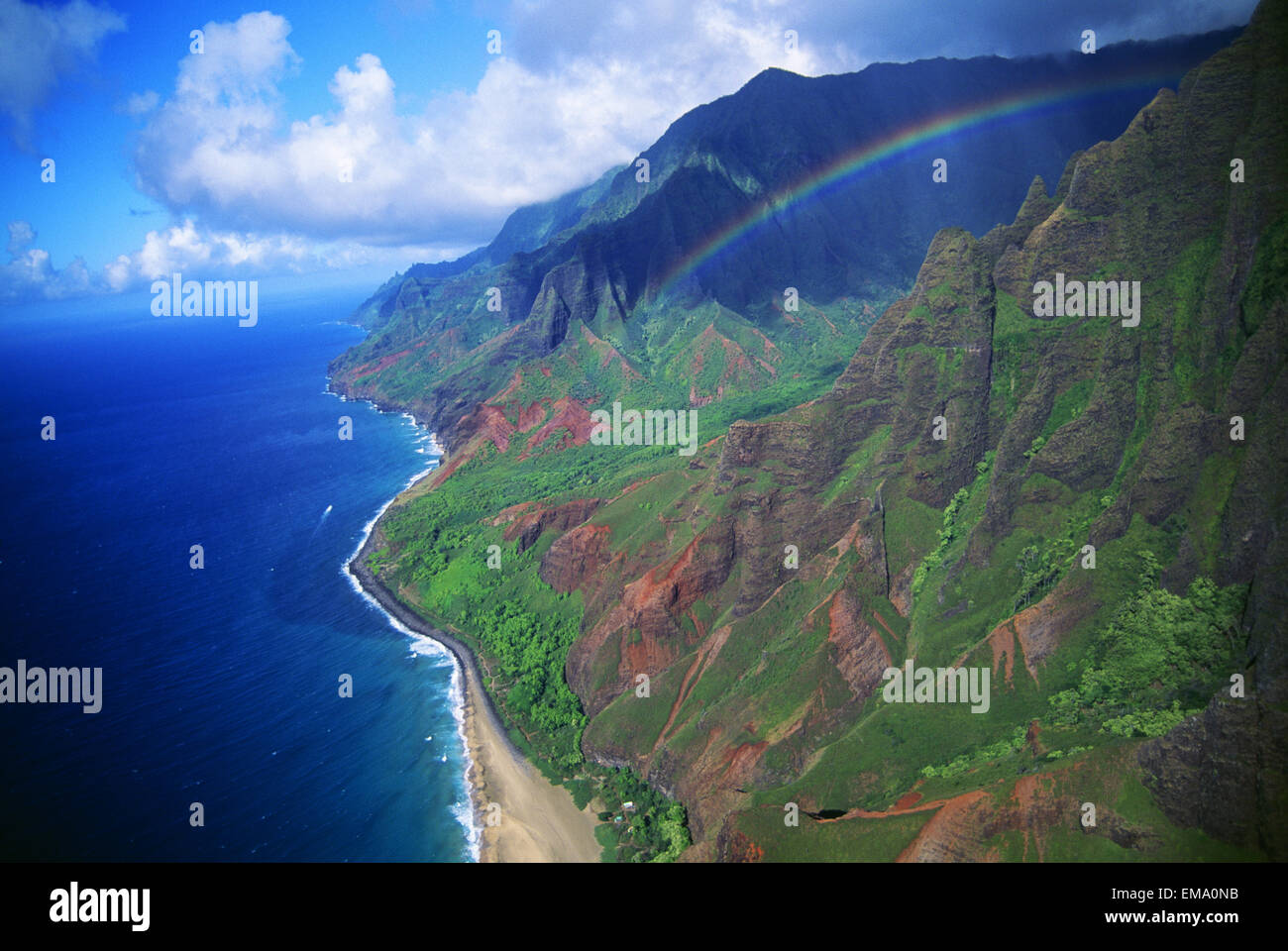 Hawaii, Kauai, Napali Coast, Aerial Of Coastal Cliffs With Rainbow ...
