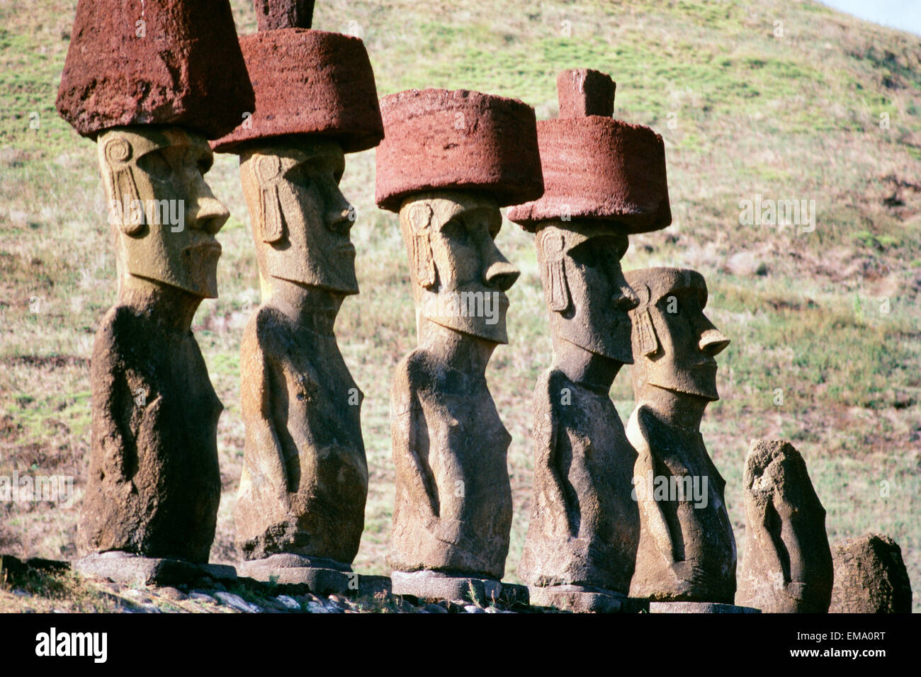 Easter Island, Line Of Ancient Stone Statues Stock Photo - Alamy
