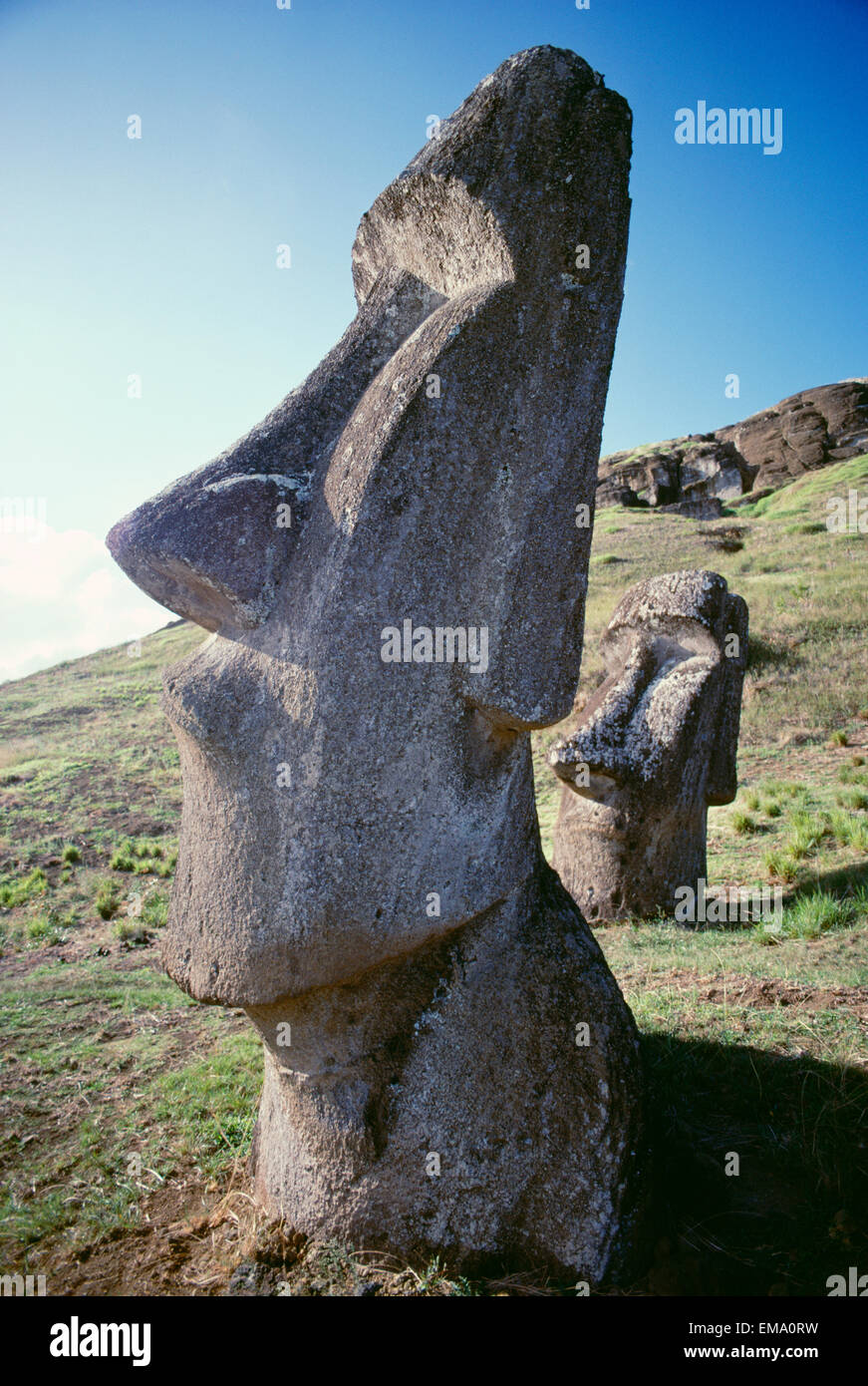 Easter Island, Close-Up Of Moai Stone Statue, Cloudless Blue Sky Stock ...