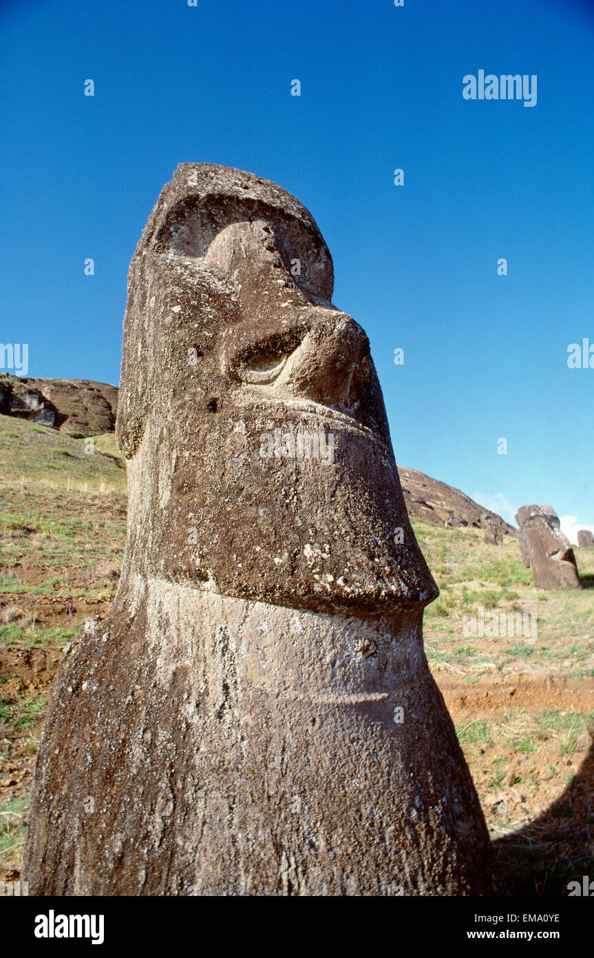 Easter Island, Close-Up Of Moai Stone Statue, Cloudless Blue Sky Stock ...