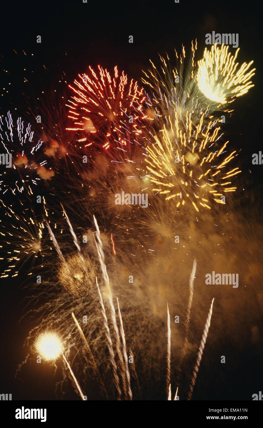 Closeup Of Fireworks Exploding In The Night Sky Stock Photo - Alamy