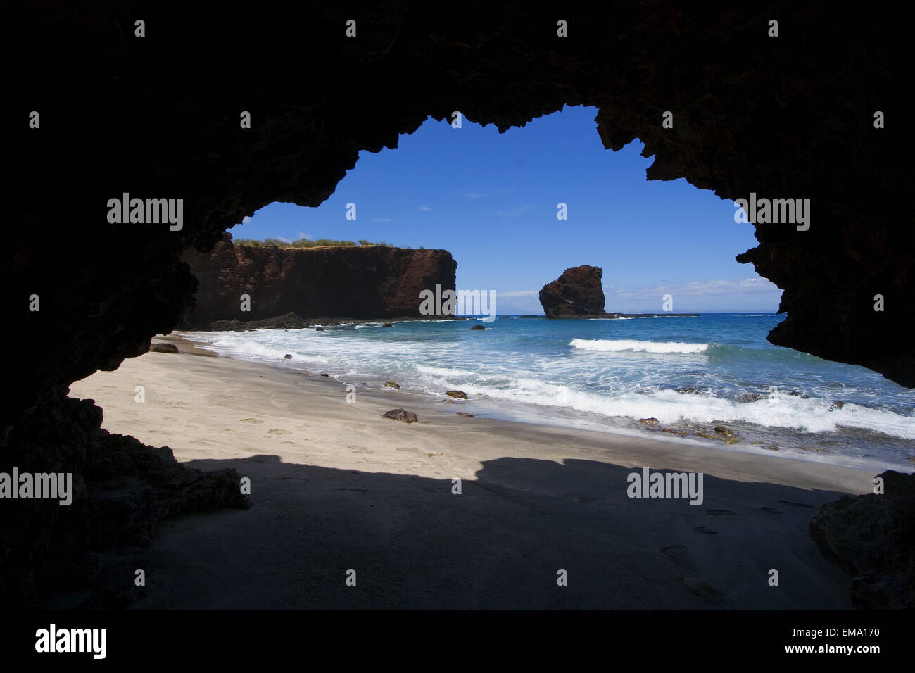 Hawaii, Lanai, Pu'u Pehe, Sweetheart Rock Seen From Sea Cave Stock ...