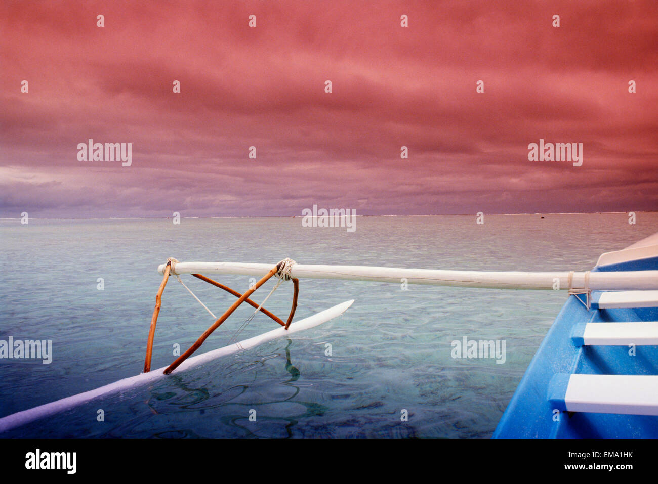 French Polynesia, Tahiti, Huahine, Section Of Outrigger Canoe Stock ...