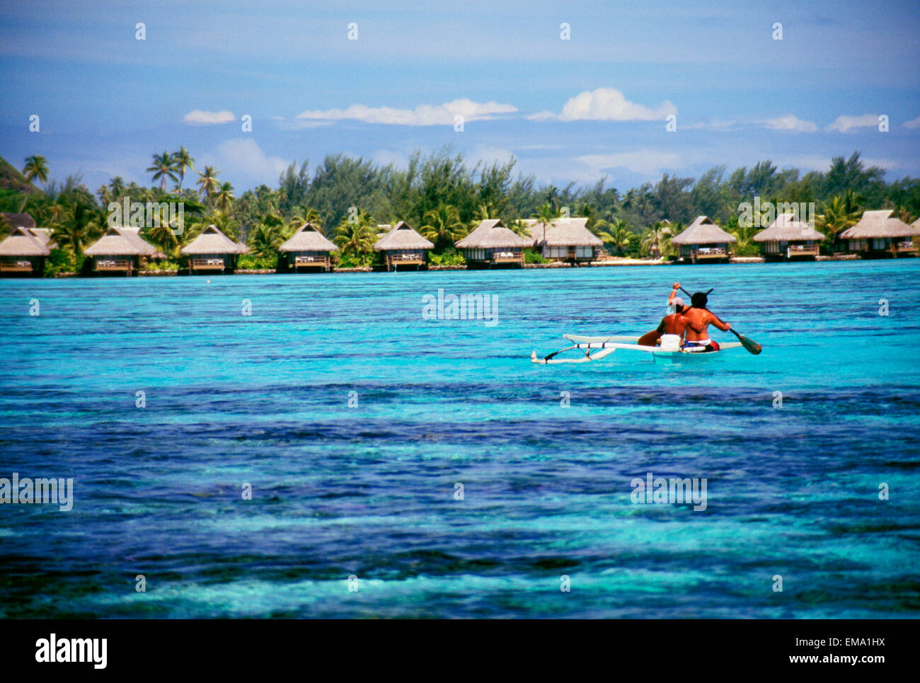 French Polynesia, Tahiti, Moorea, Local People In Canoe Paddling Toward ...