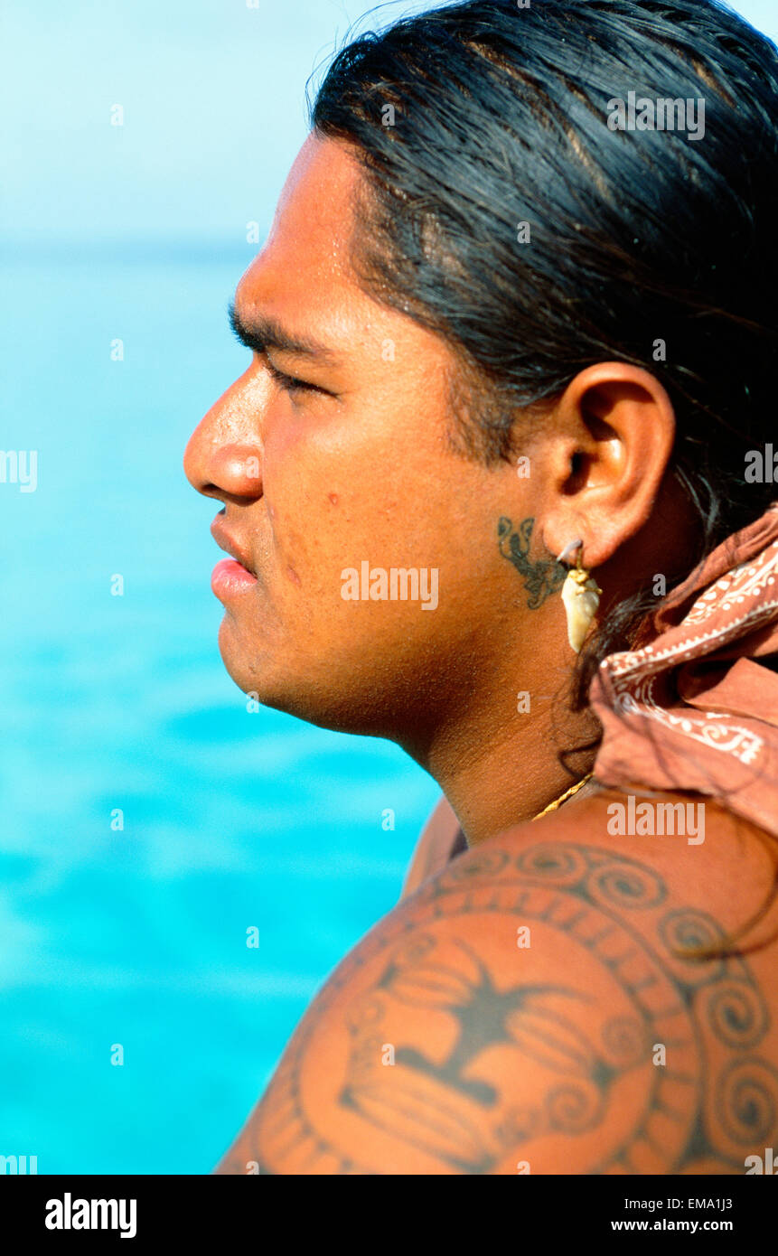 French Polynesia, Tahiti, Huahine,Tahitian Man With Tattoos, View From ...