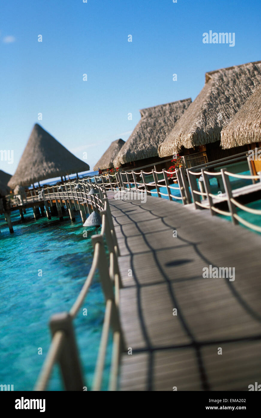 French Polynesia, Moorea, Wooden Walkway Over Crystal Water Leading To ...