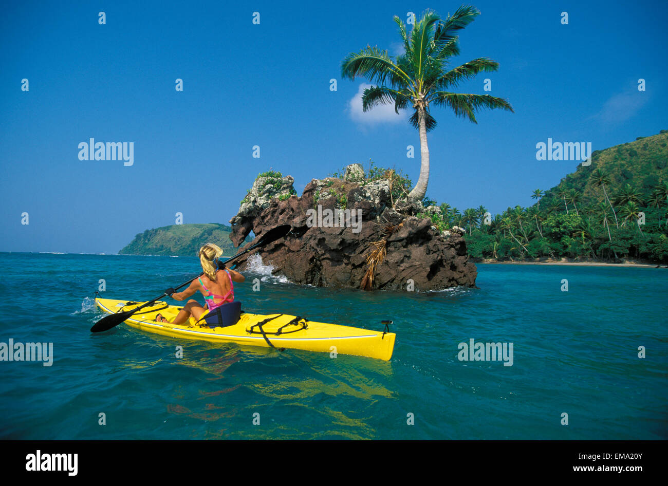 Fiji, Kadavu Islands, Caucasian Woman Kayaking Along Beautiful ...