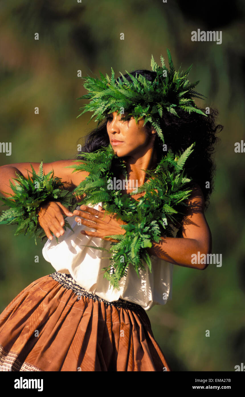 Hawaii, Outdoor Front Angle Of Woman Dancing Hula, Wearing Fern Haku ...