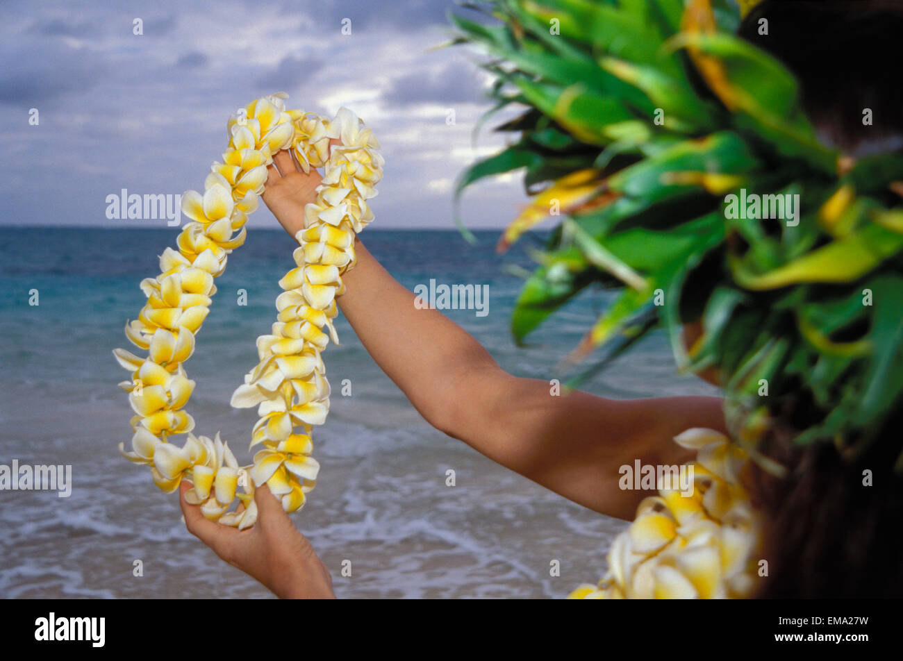Woman Hula Along Shoreline Water, Plumeria Lei In Arms Outstretched ...