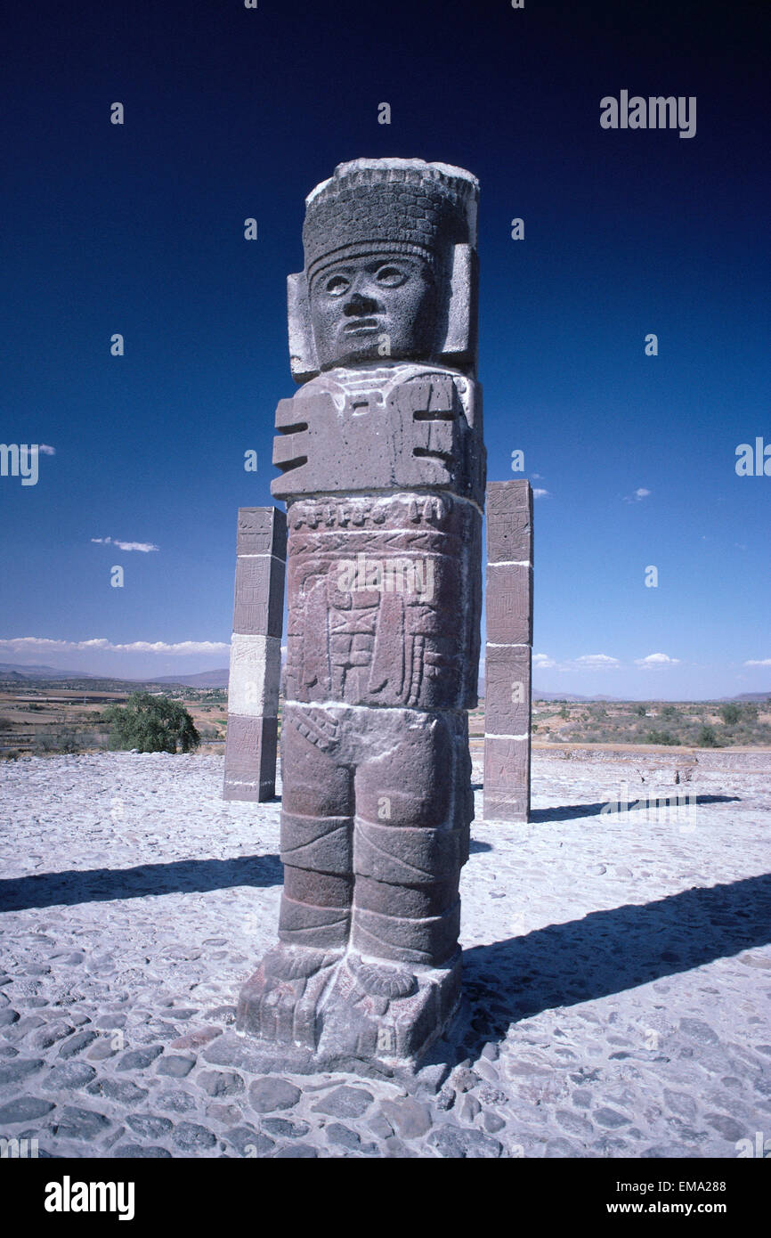 Mexico, Stone Carving Of Tula-Warrior Statue, Shadow Cast On Ground ...