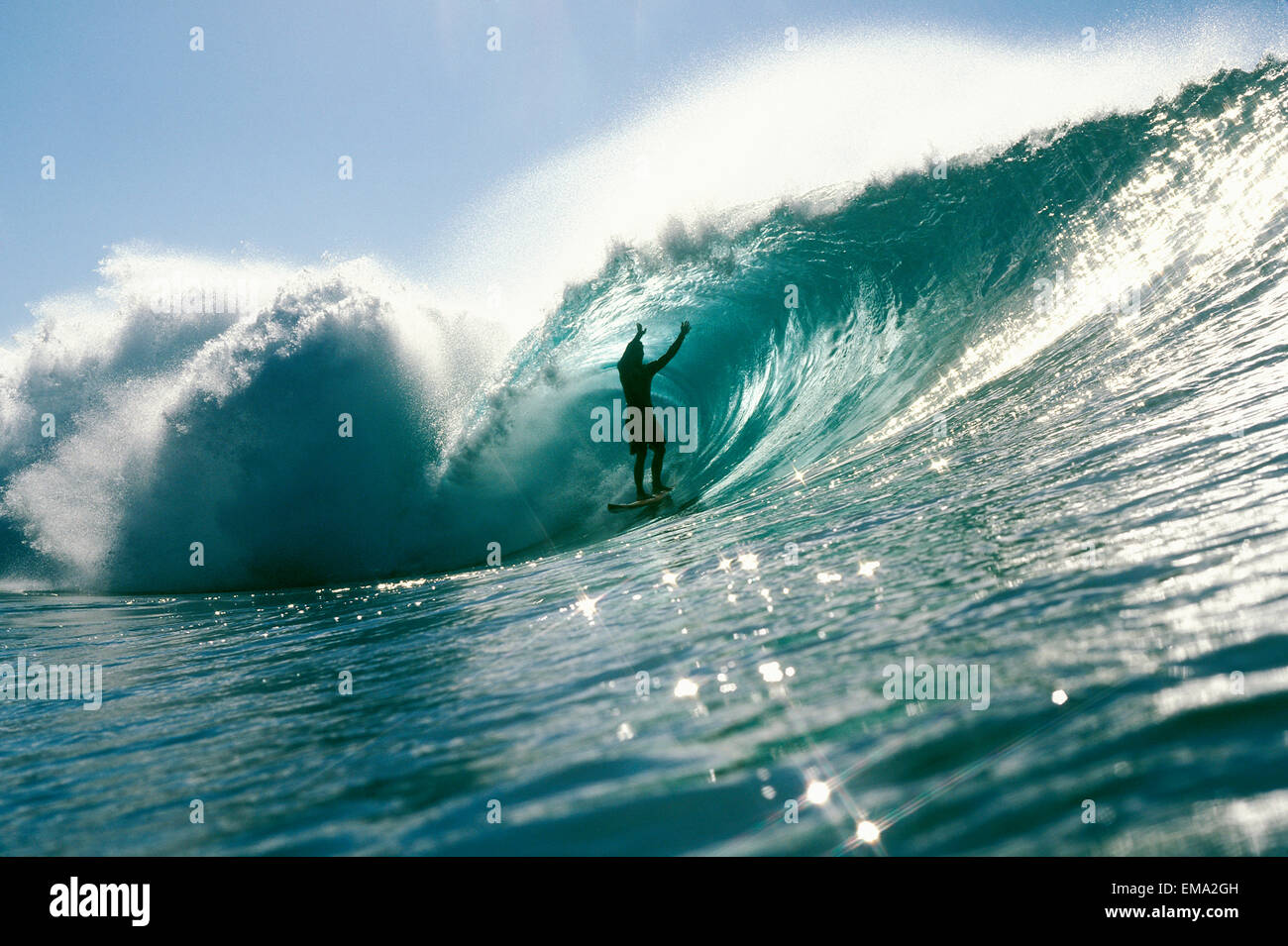 Hawaii, Oahu, North Shore, Pipeline, Shadow Of Surfer In Pipeline Wave ...