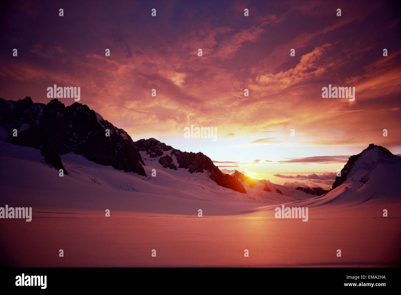 New Zealand, South Island, Mount Cook, Sunset Atop Glacier, Reflections ...