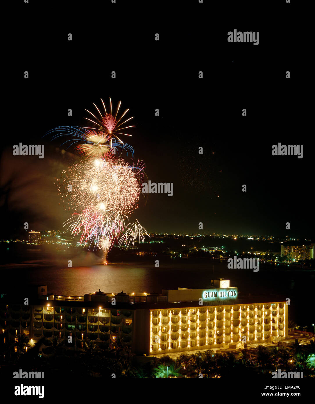 Guam, Tumon Bay, Hilton Hotel At Night, Fireworks Over Marianas ...