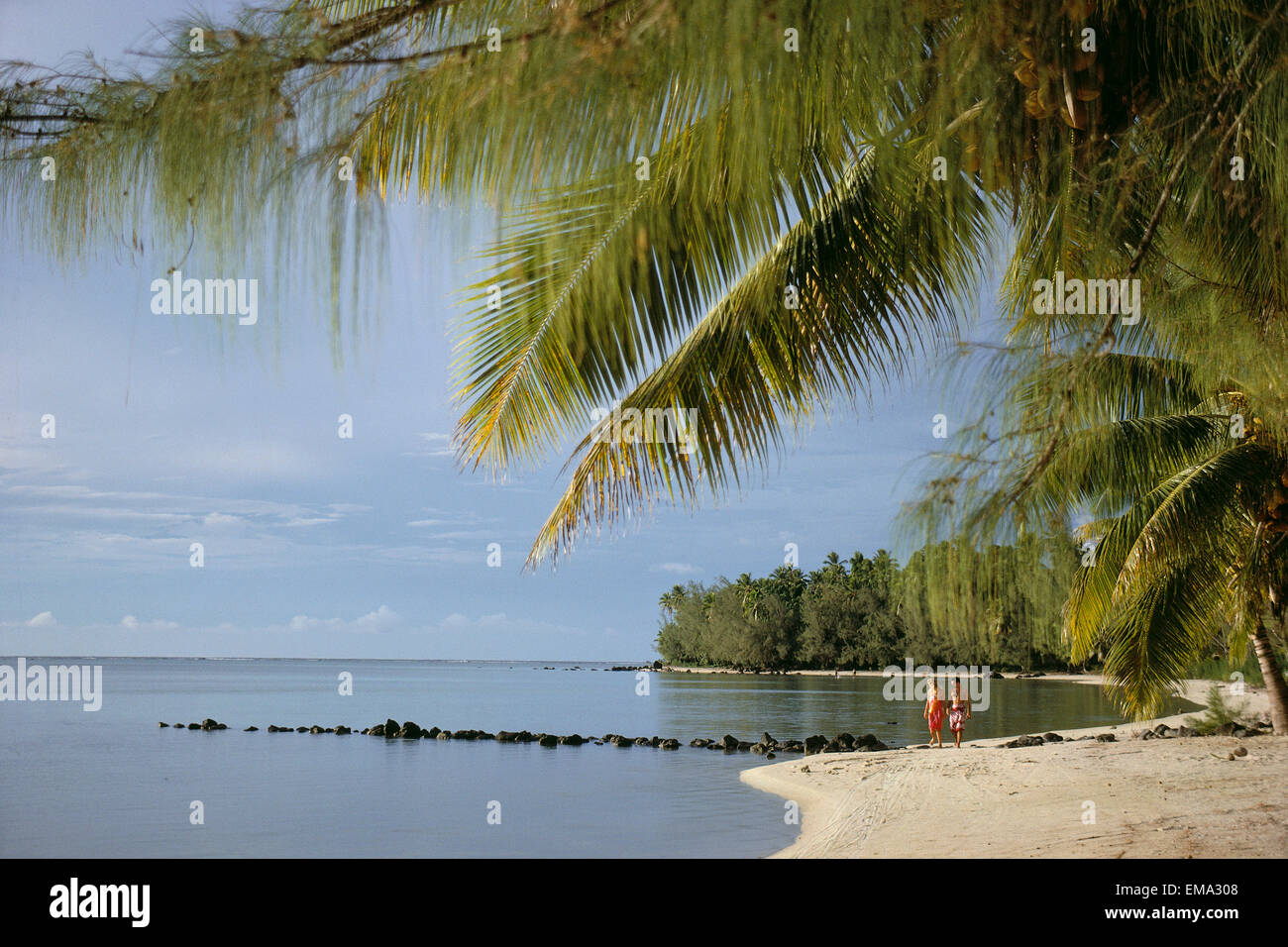 Cook Islands, Aitutaki Atoll, Couple Along Beachfront, Palm In ...