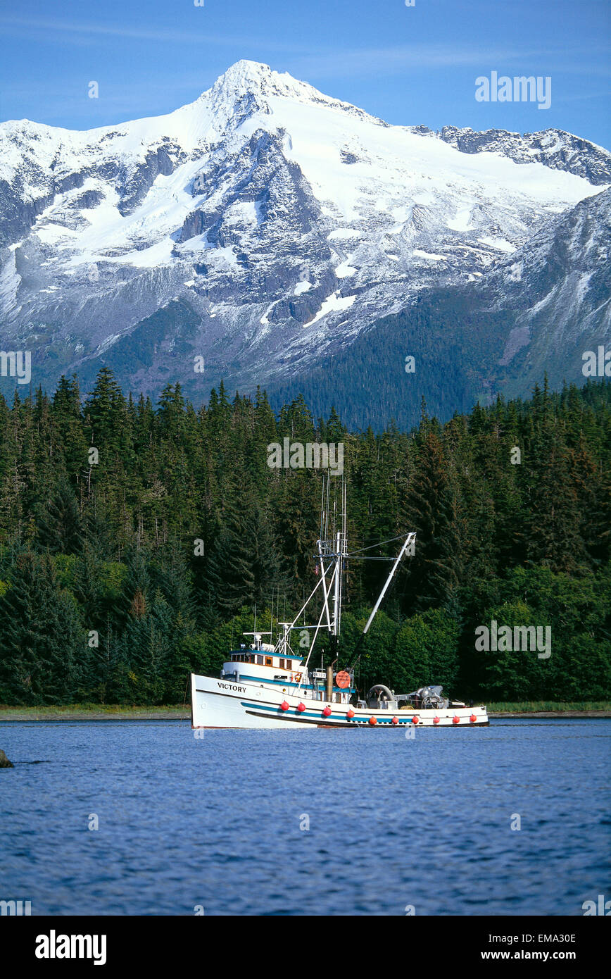 Alaska, Commercial Fishing Boat, Tender At Anchor, Snow Covered ...