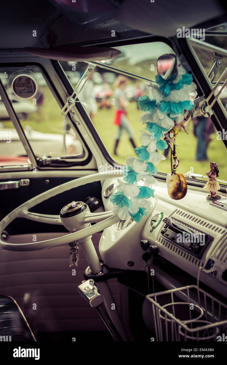 The interior drivers cab of a vintage Volkswagen Split Screen camper ...