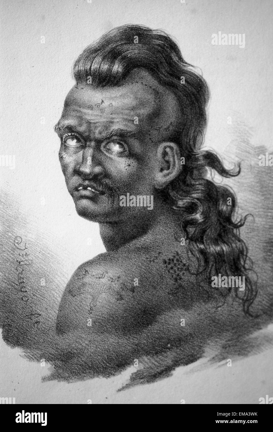 C.1822-44 Hawaii, Illustration Jacques Arago, Portrait Of Native Chief ...
