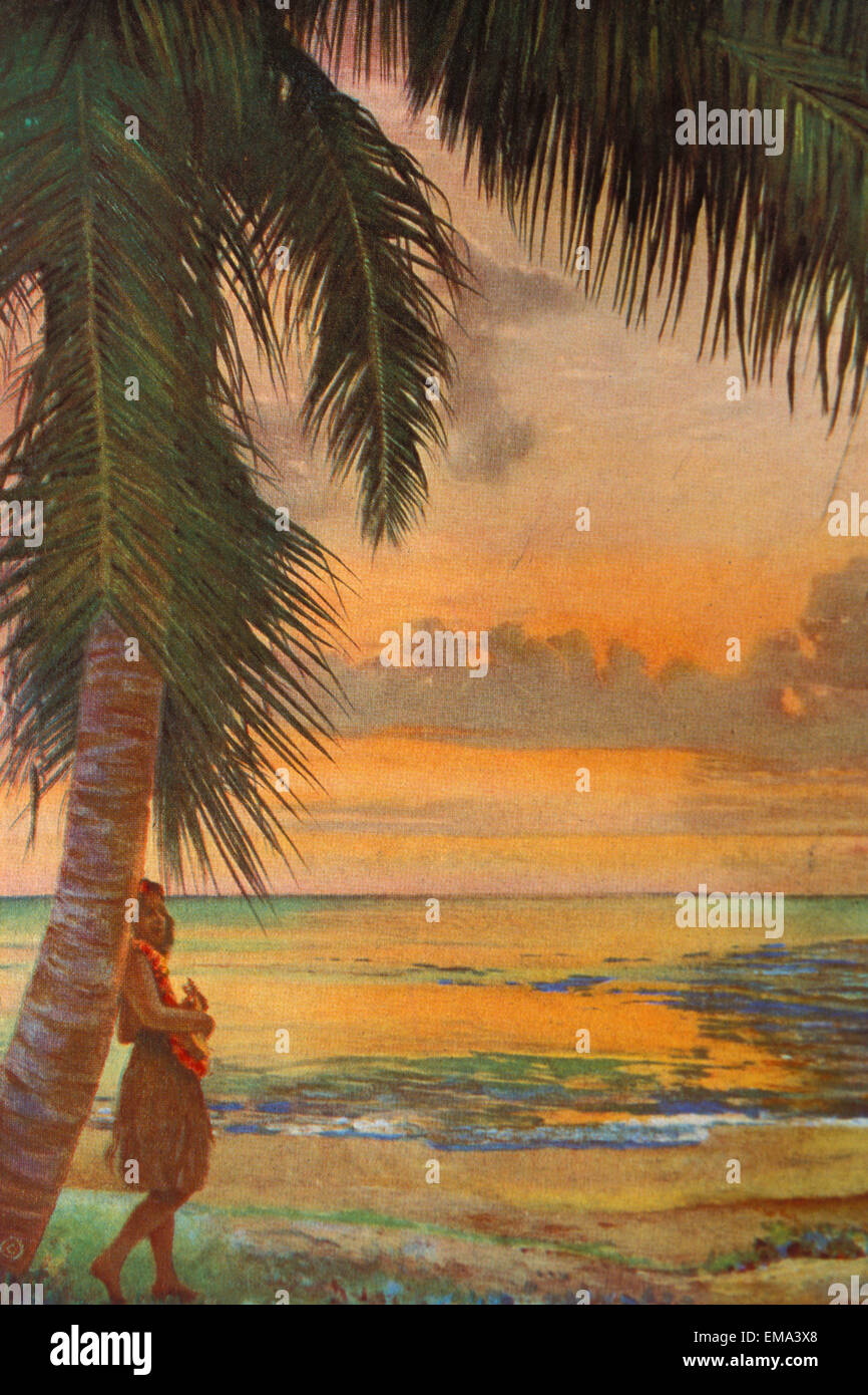 C.1932 Hawaii, Covell Art, An Beauty Leaning Against Palm Tree Playing ...