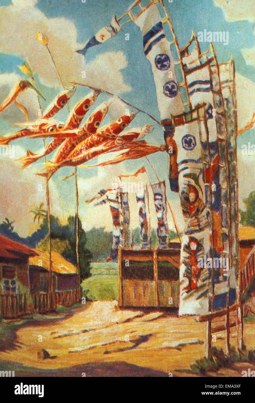C.1935 Shirley Russell Art, Banners For Boy's Day Flying Against Blue ...