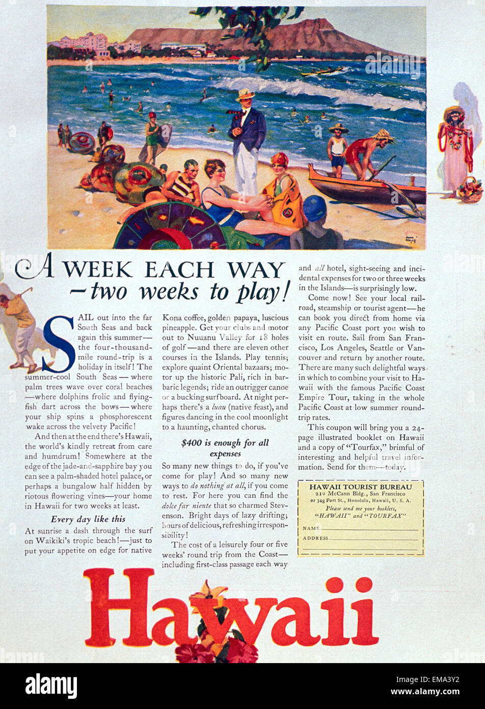 C.1927 Hawaii, Oahu, Tourist Bureau Ad, Waikiki Beach And Diamond Head ...