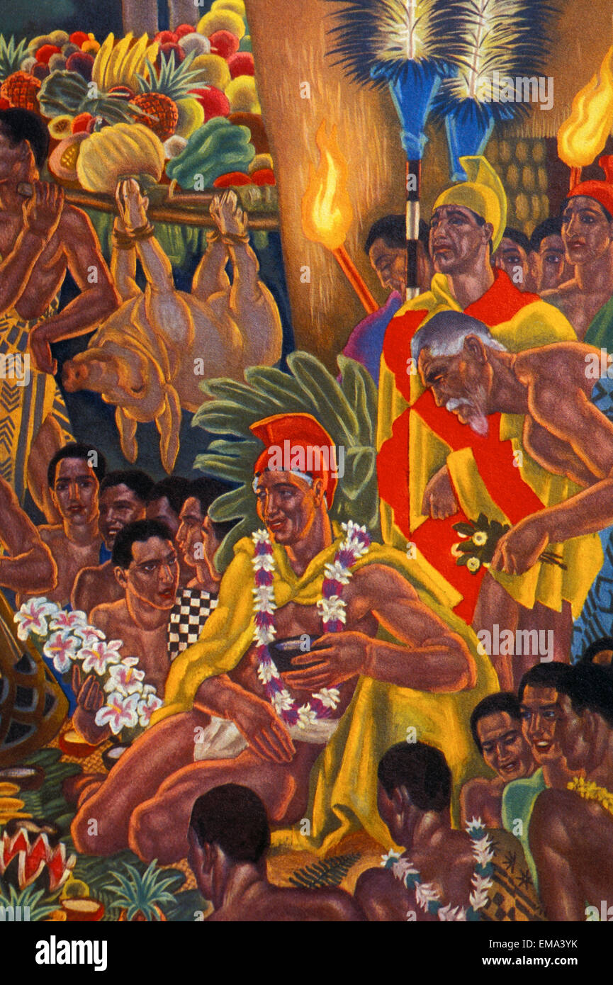 Artwork of primitive islanders at a pig roast Stock Photo - Alamy