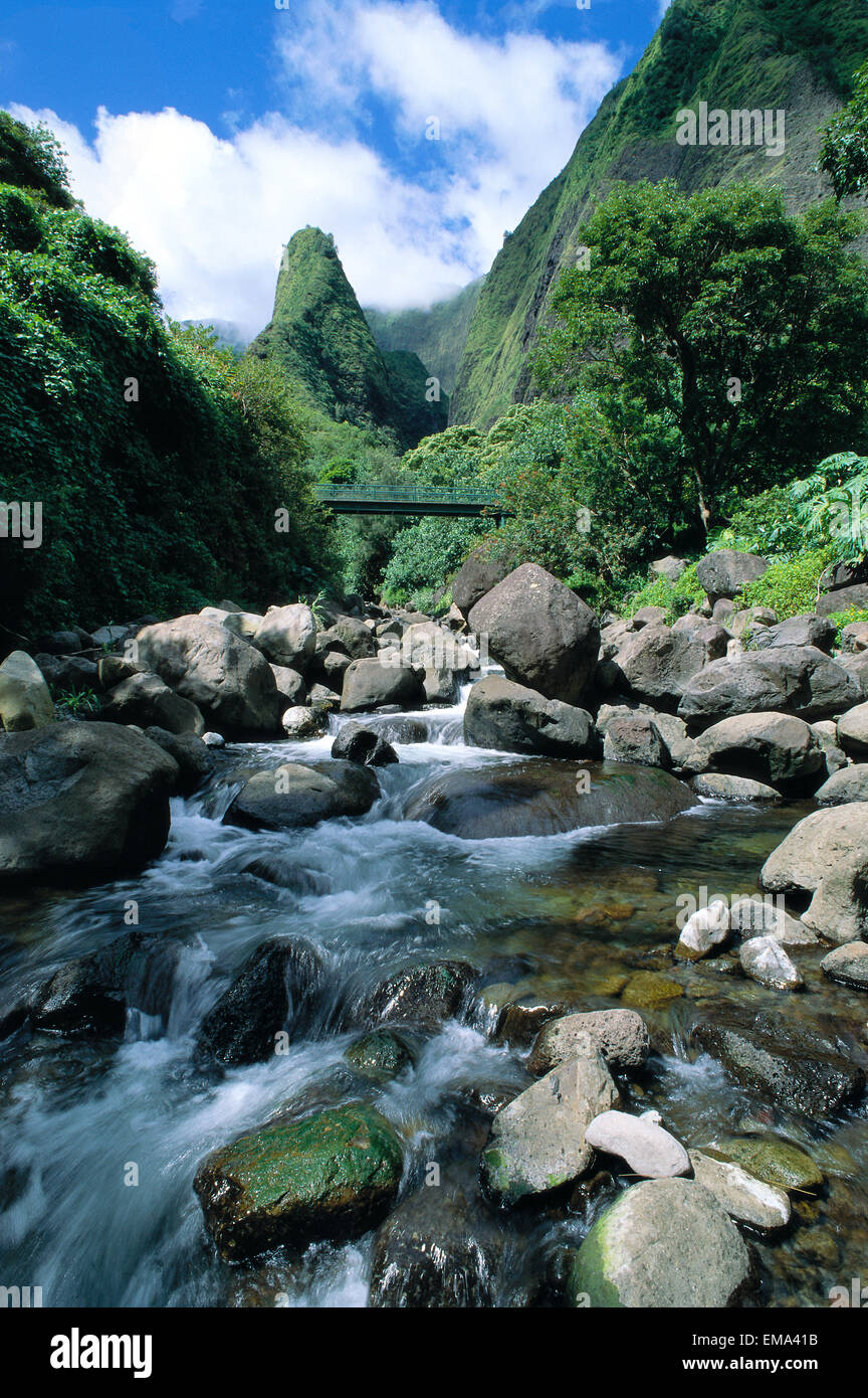 Hawaii, Maui, Iao Needle In Background, Iao Stream Flow Action, Large ...