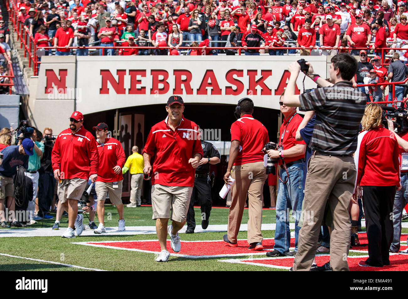Lincoln, NE. USA. 11th Apr, 2015. Nebraska head coach Mike Riley takes ...
