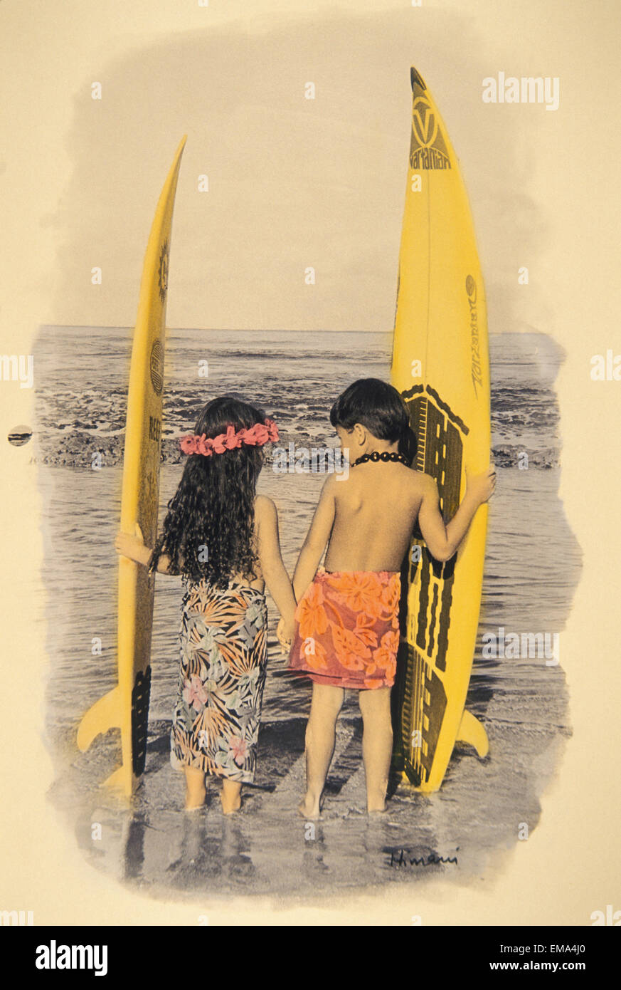 Boy And Girl Face Ocean Hold Surfboards And Hold Hands, View From ...
