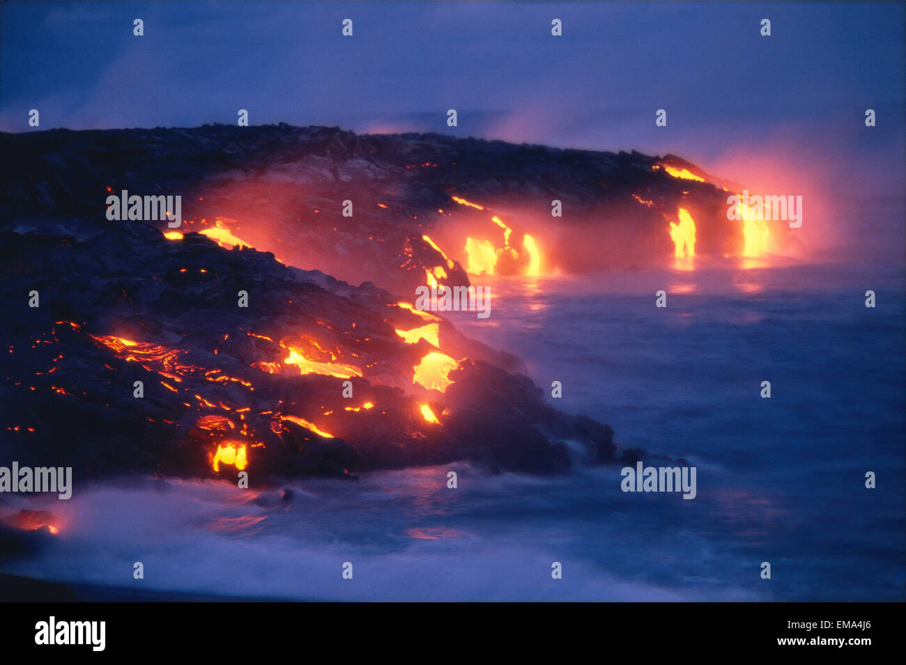 Hawaii, Big Island, Hawaii Volcanoes National Park, Lava Flow Action Into Ocean Twilight A27D ...