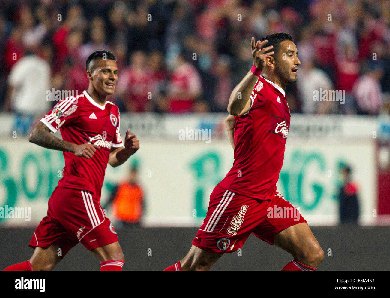 Tijuana, Mexico. 17th Apr, 2015. Xolos' Jesus Chavez (R) celebrates a ...