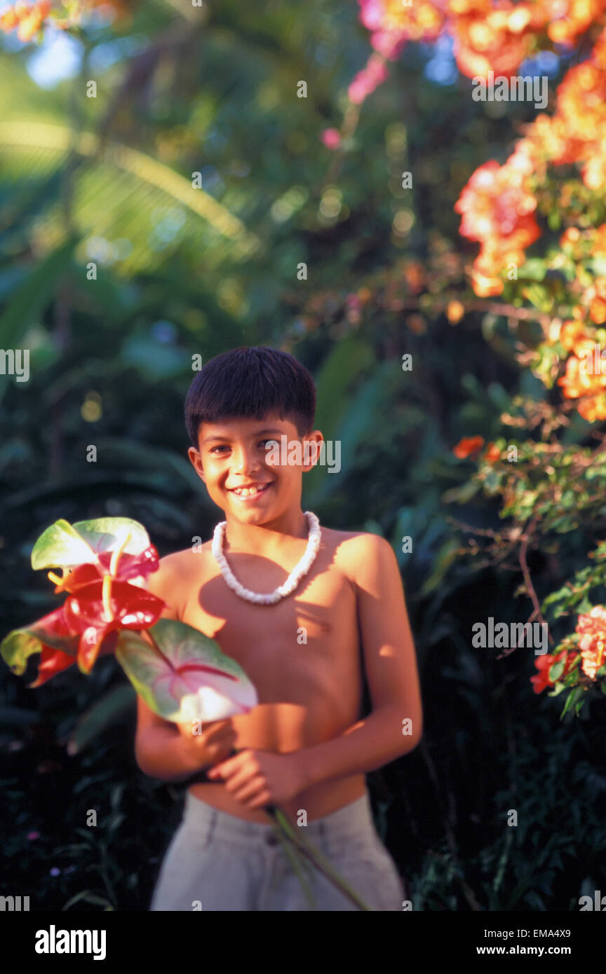 Hawaiian Boy With Puka Necklace Holding Anthurium Lush Jungle ...