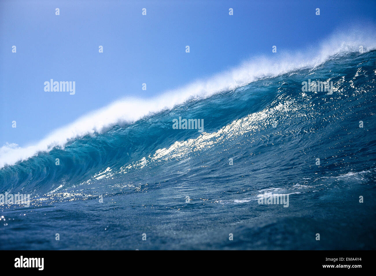 Hawaii, Front Angle Of Wave Line About To Break, Blue Sky, Shimmery ...