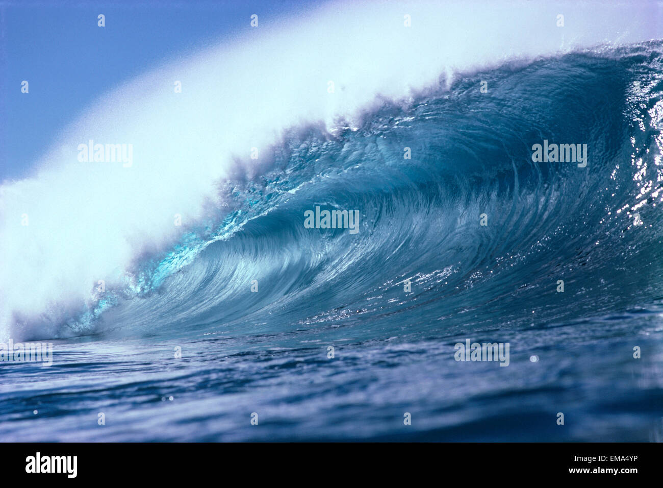 Hawaii, Close-Up Of Large Curling Pipeline Wave, Spray Off Tips, Front ...