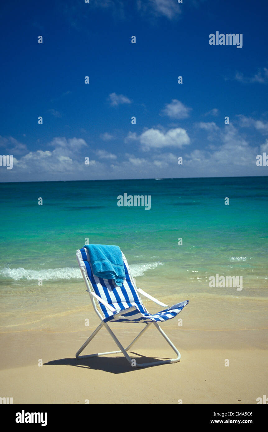 Beach Chair Along Shoreline Waters, Beautiful White Sands, Clear ...
