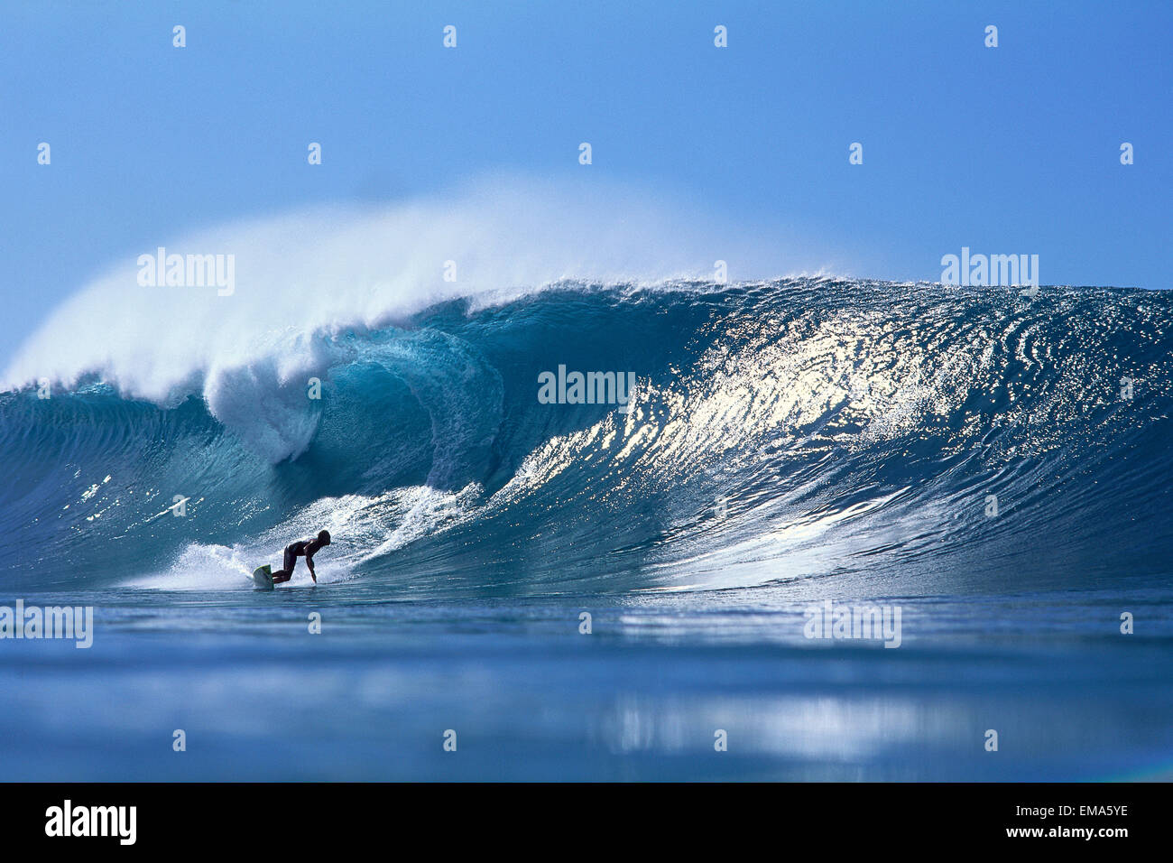 Hawaii, Surfer David Cantrell Riding Big Wave In Distance, Shimmery ...